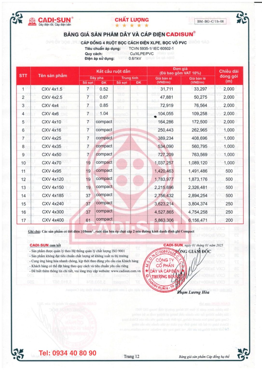 Bảng giá Cáp Điện Cadisun 2025